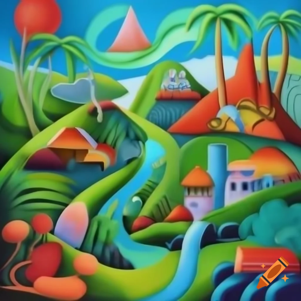 Whimsical tropical landscapes with bold colors and surreal compositions ...