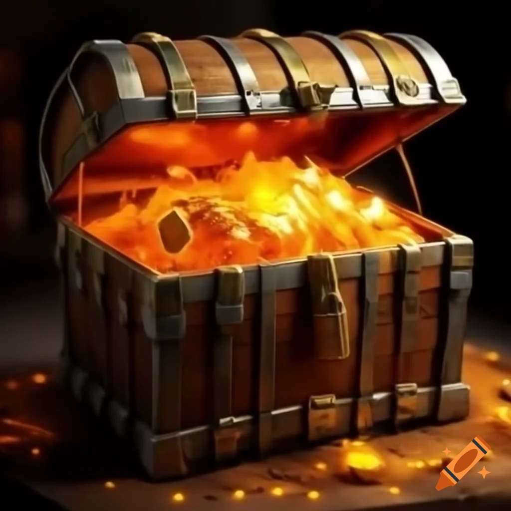 Glowing open treasure chest filled with gold and jewels on Craiyon