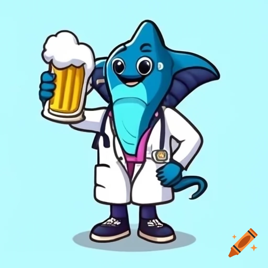 Cartoon stingray dressed as veterinarian drinking beer on Craiyon