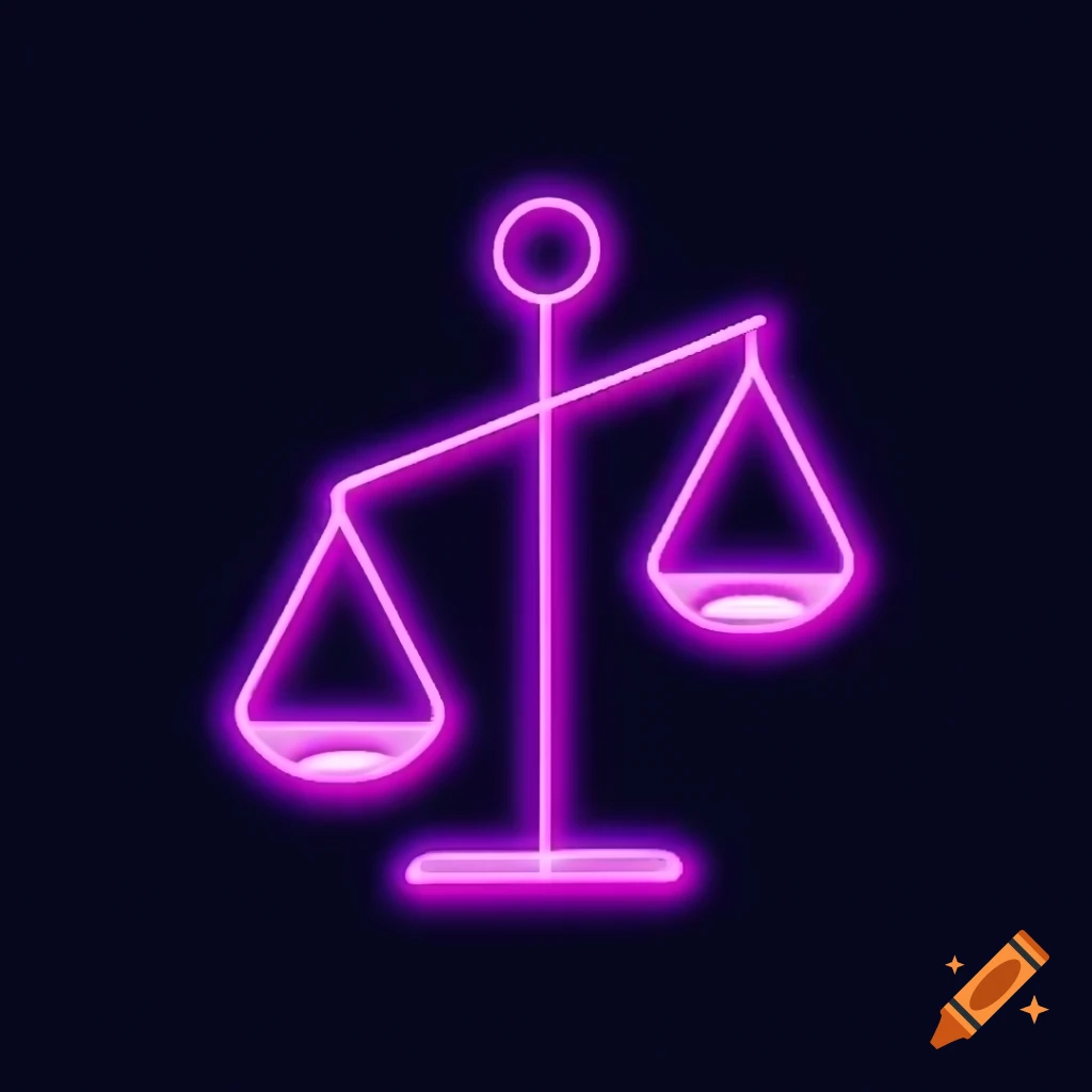 Neon effect illustration of a disbalanced libra symbol on Craiyon