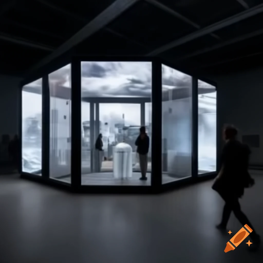 Modern ar travel portal booth with transparent screens displaying ...