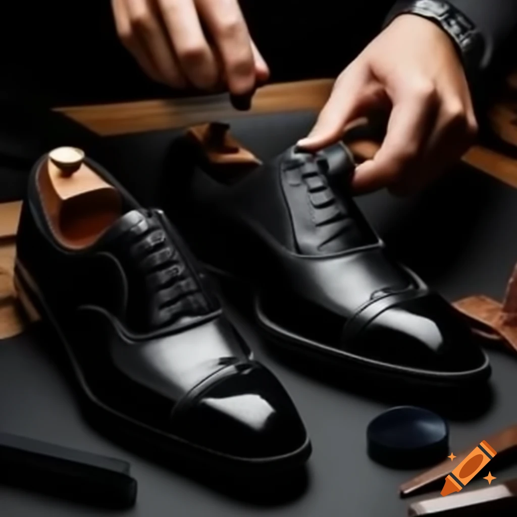 Crafting process of black Italian leather men's shoe on Craiyon