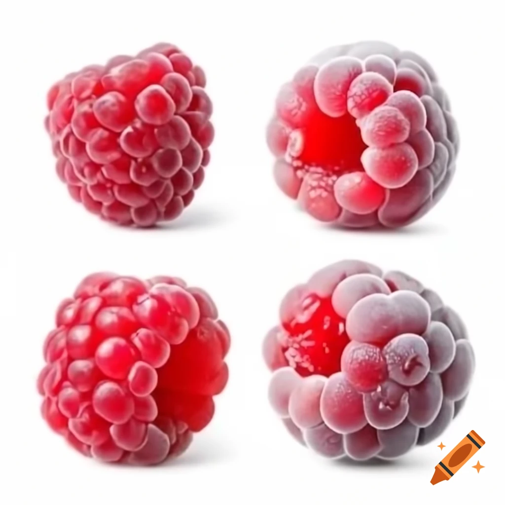 Frost-covered raspberries isolated on white background from multiple ...