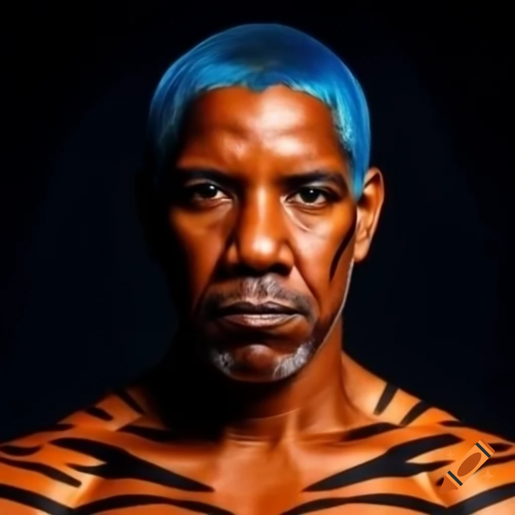 Muscular person with tiger-style makeup featuring blue hair, orange ...
