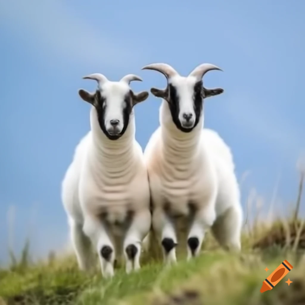Two cashmere goats in love under blue sky with green grass and mountains on Craiyon