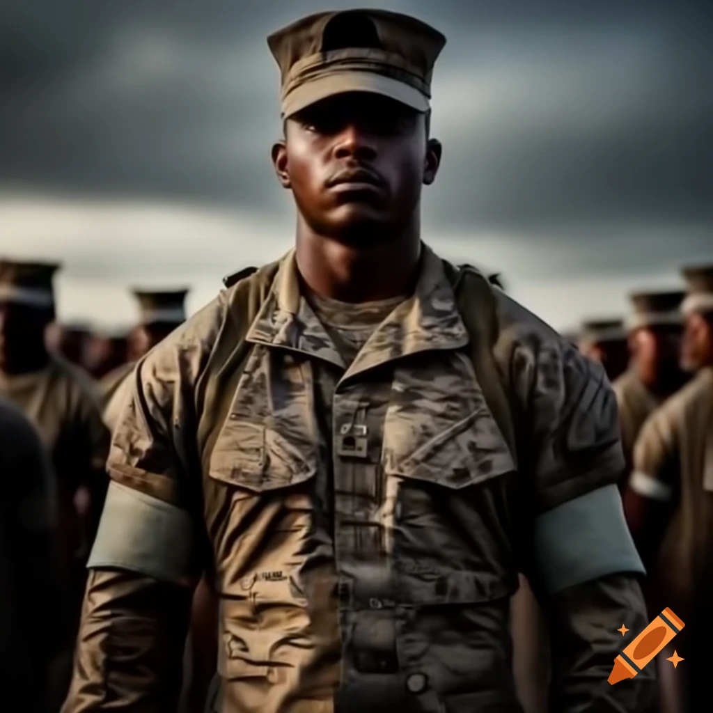 Us marine in camouflage standing at attention, symbolizing strength and ...