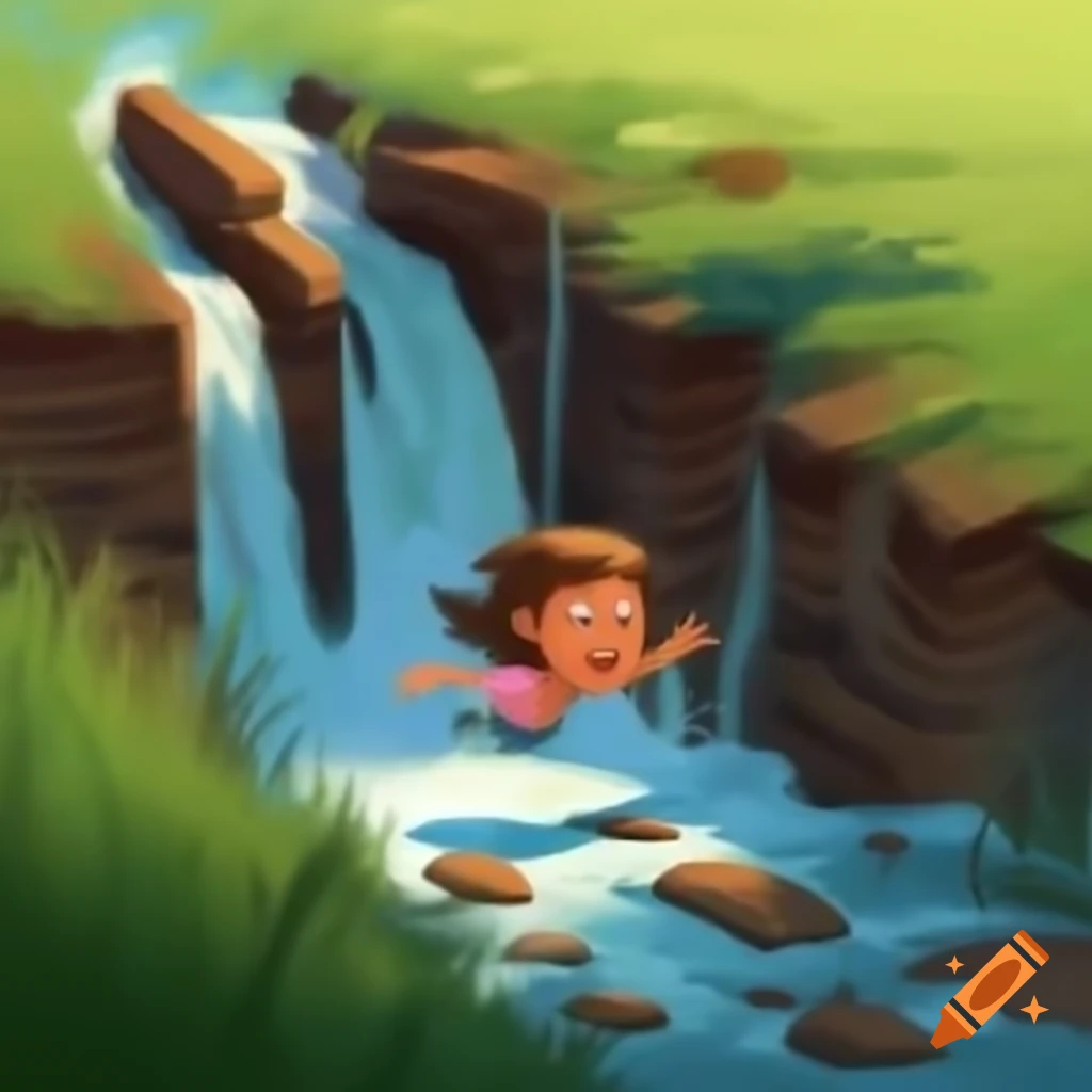 Girl playfully falling into shallow ditch in grassy field on Craiyon