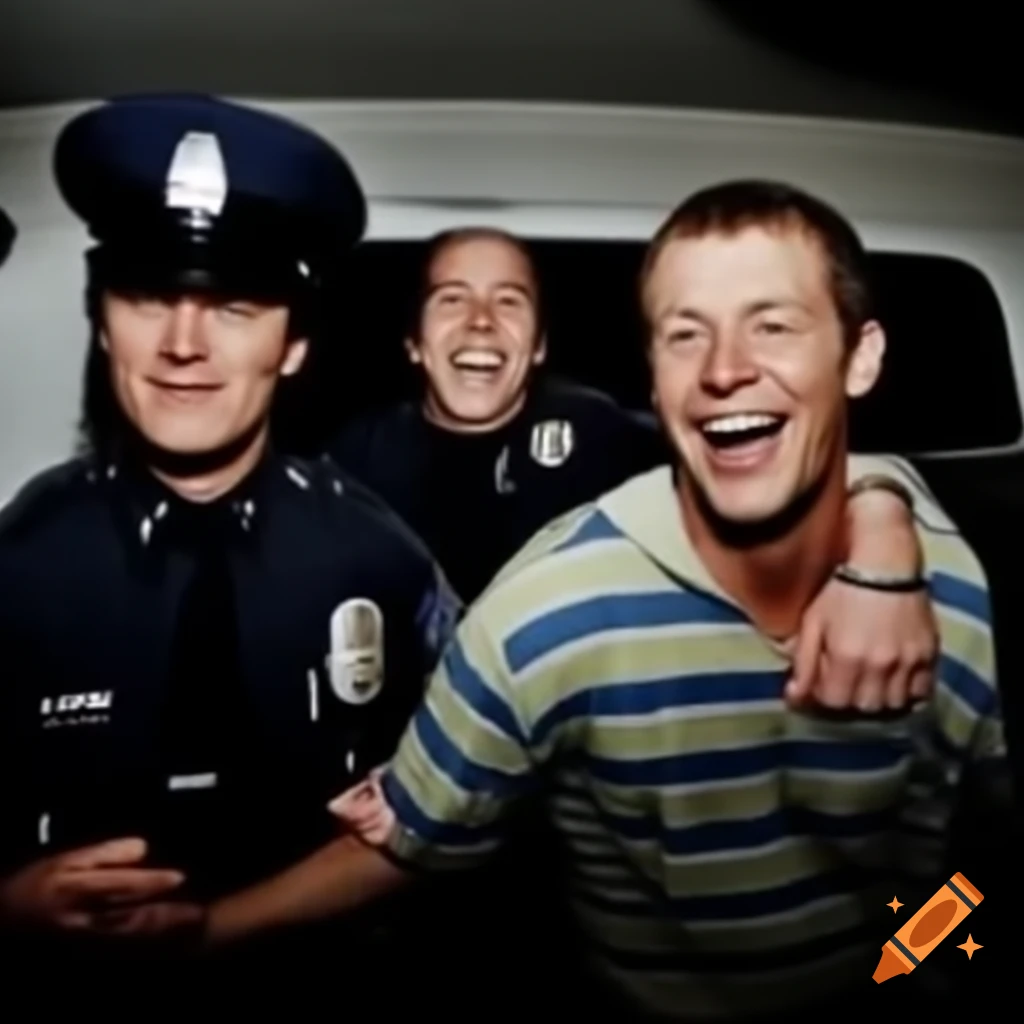 Two police officers interacting with a smiling individual during an ...