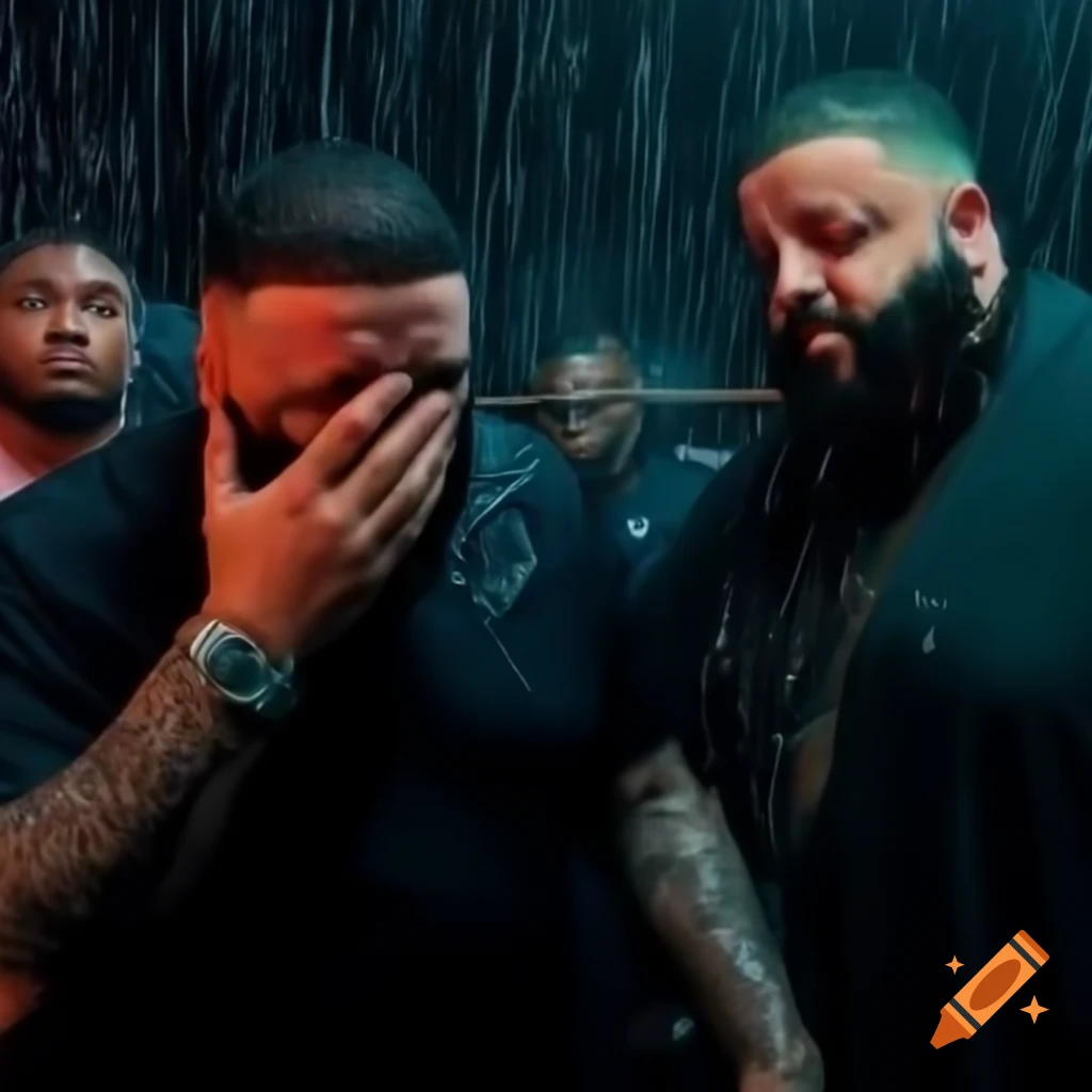 Giant figure resembling dj khaled crying while rain falls on a smaller ...
