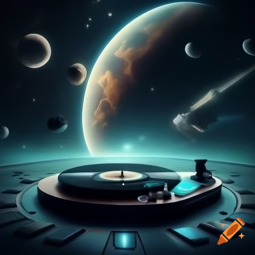 Retro-futuristic space festival poster with vinyl turntables as space ...