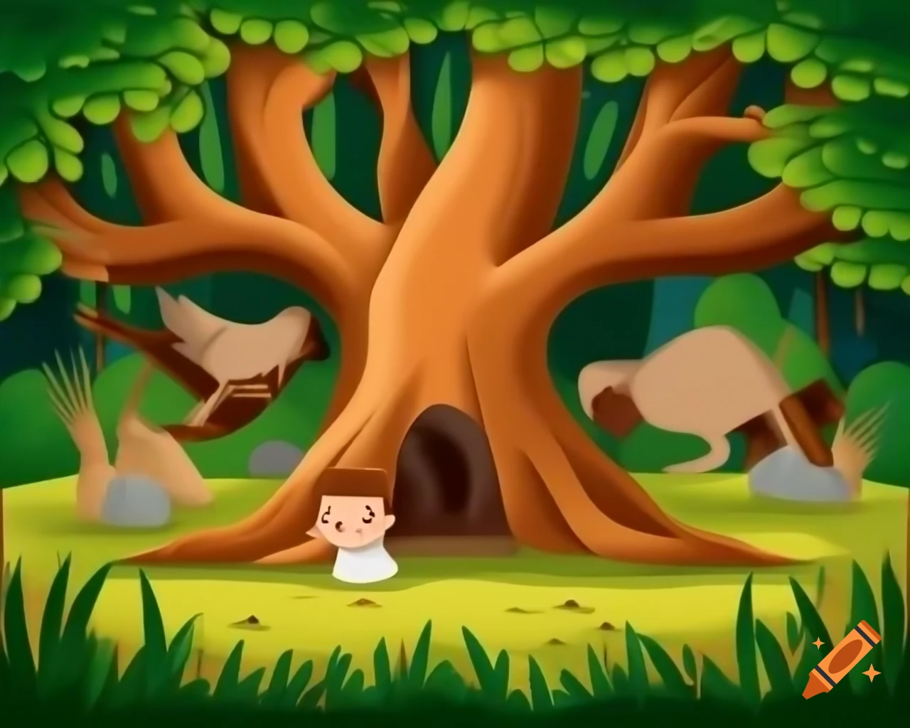 Figure sitting under a tree in a grassy prairie setting on Craiyon
