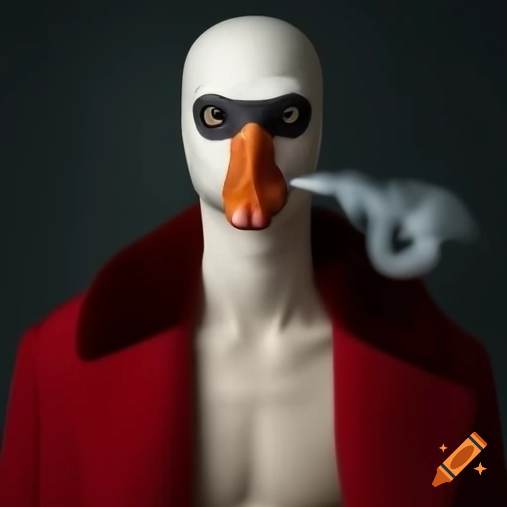 Goose head on man's body in red coat smoking pipe on Craiyon
