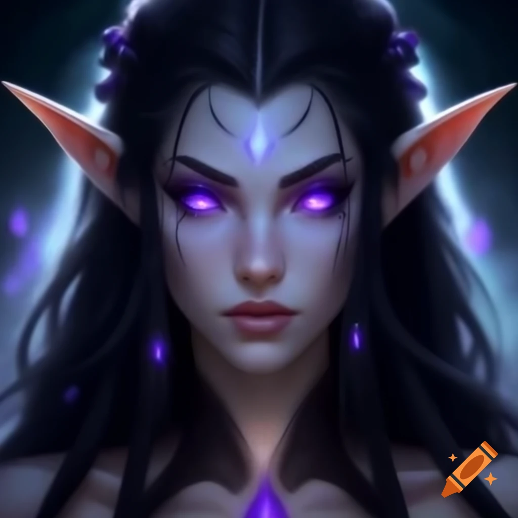 Pale Druid elf woman with long black hair and violet eyes in fantasy ...