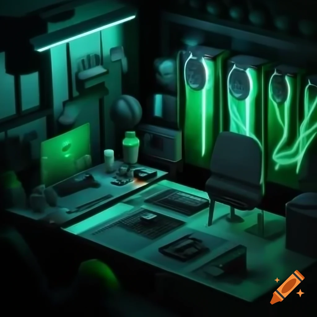 Futuristic tech workshop with neon green lights highlighting PC components on Craiyon