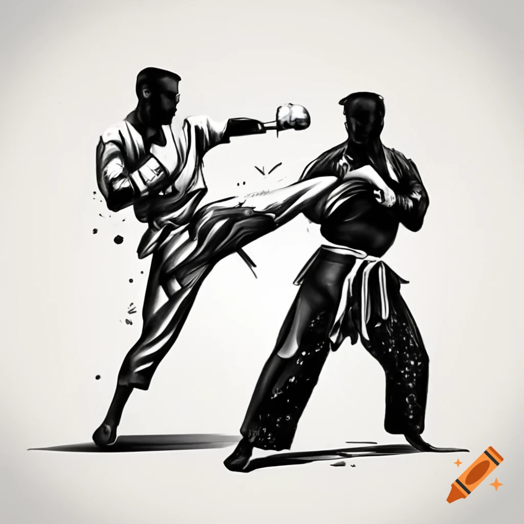 Black and white brush painting of martial art fighters in contrasting ...