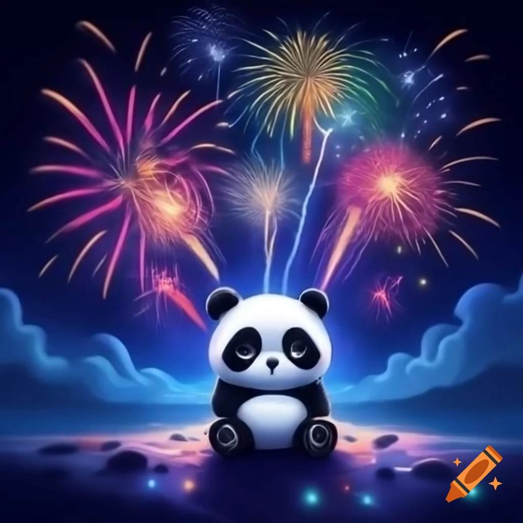 Cheerful panda watching vibrant fireworks in night sky on Craiyon