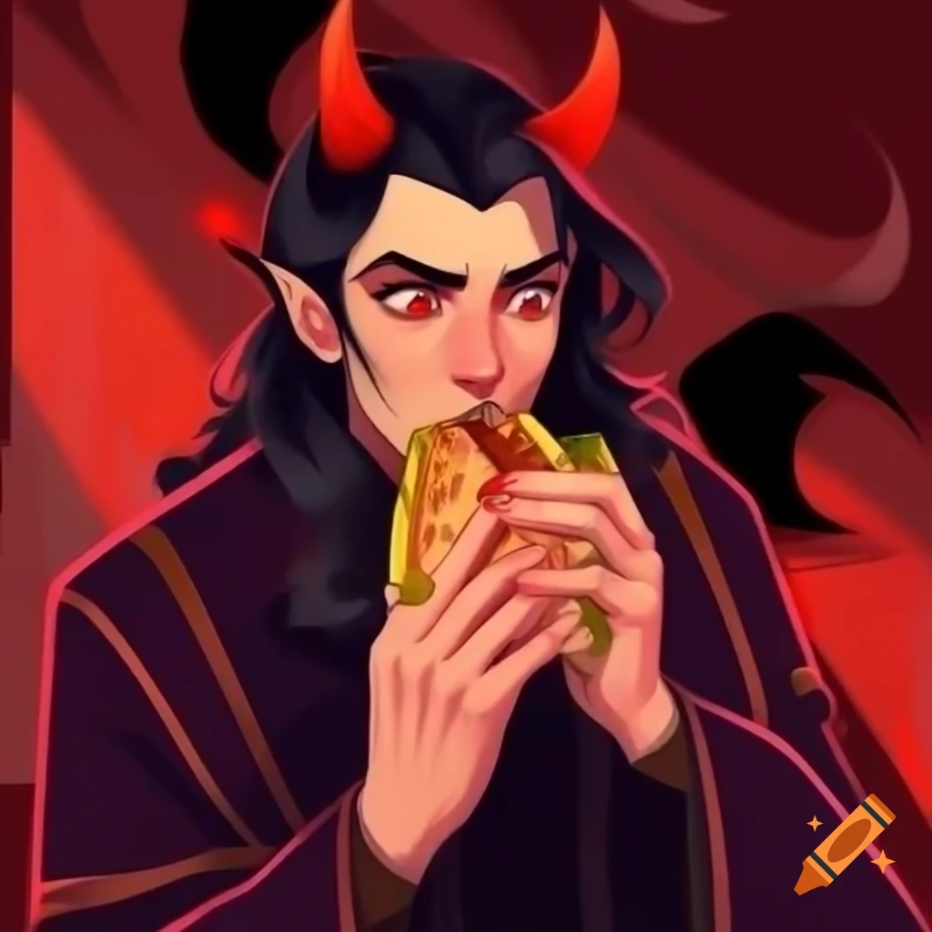 Lucifer Morningstar depicted as a devil enjoying a sandwich on Craiyon