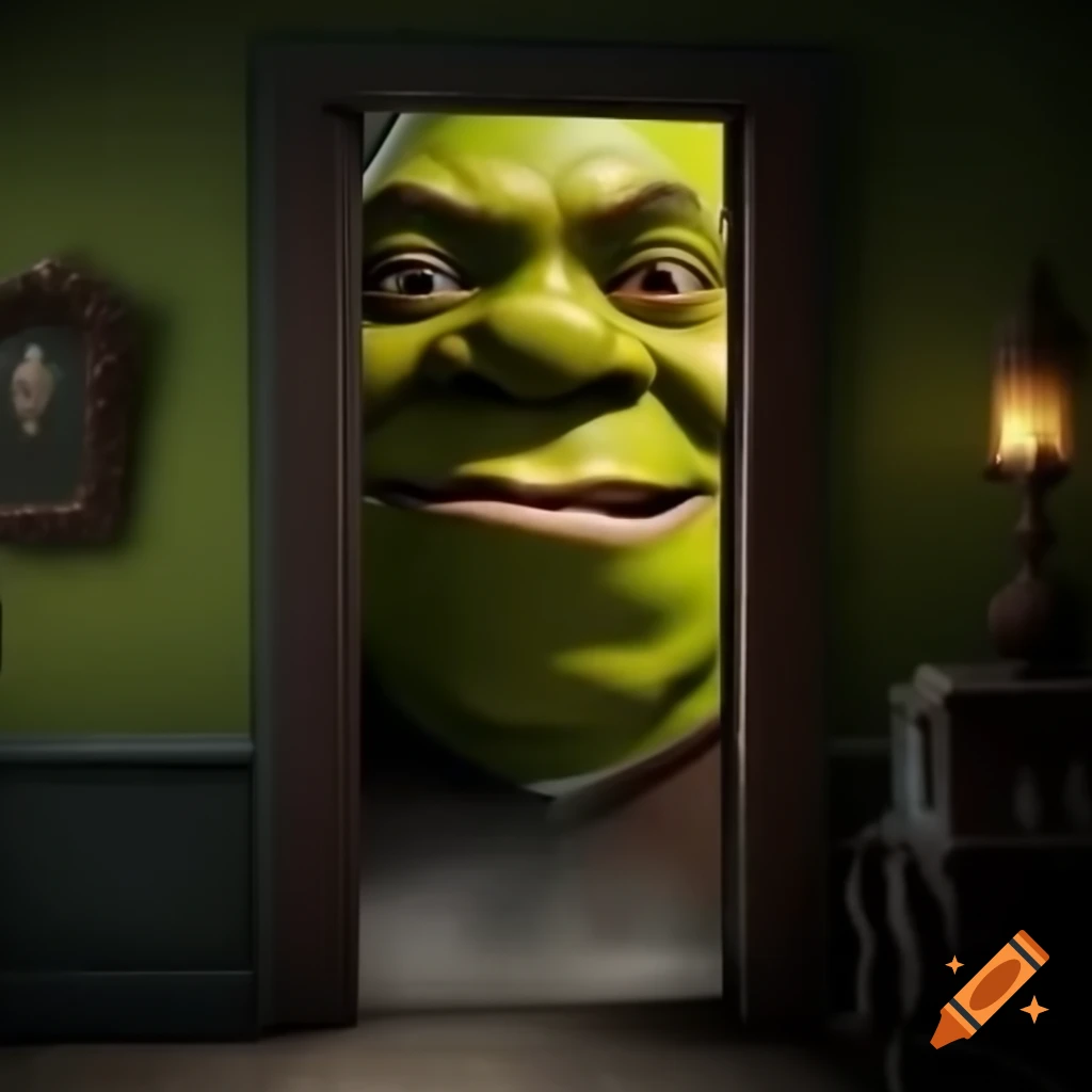 Scary image of Shrek behind a door at midnight on Craiyon