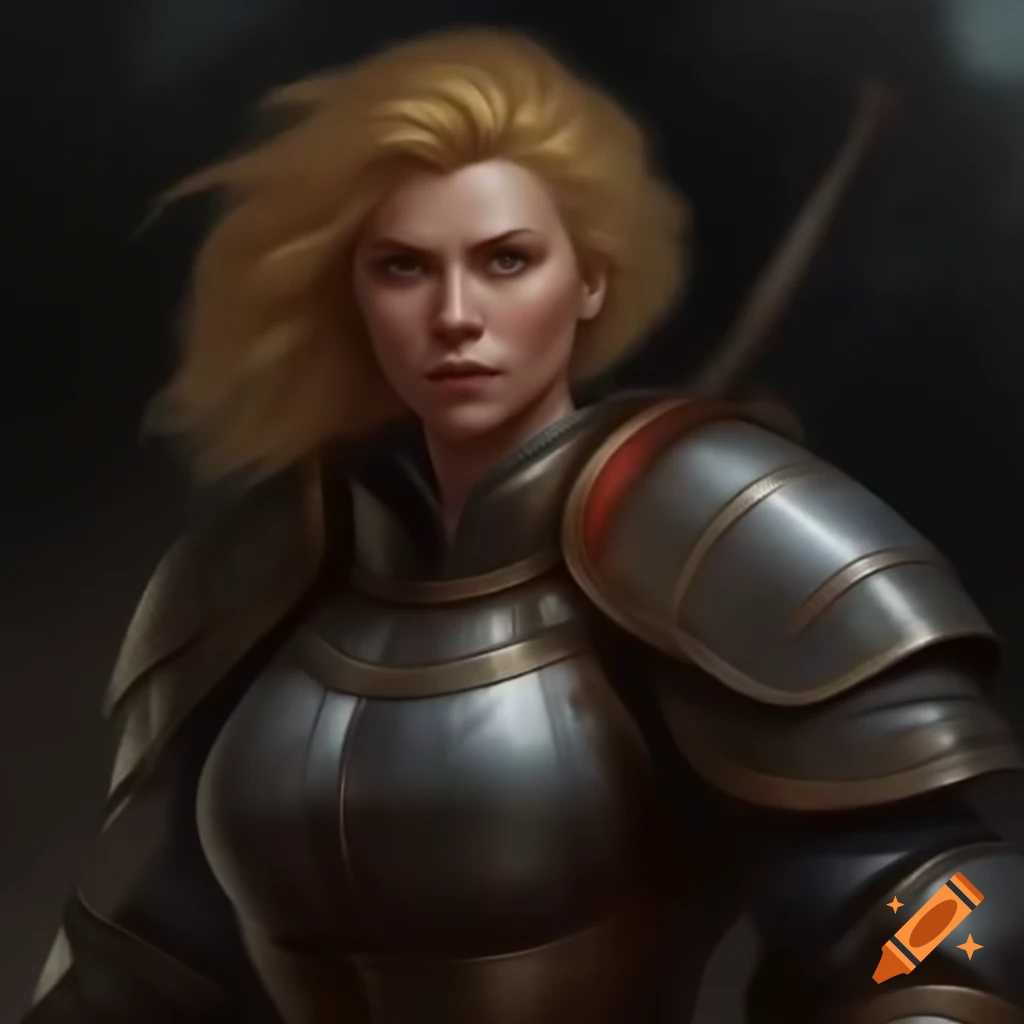 Caucasian woman in full plate armor with determined expression on Craiyon