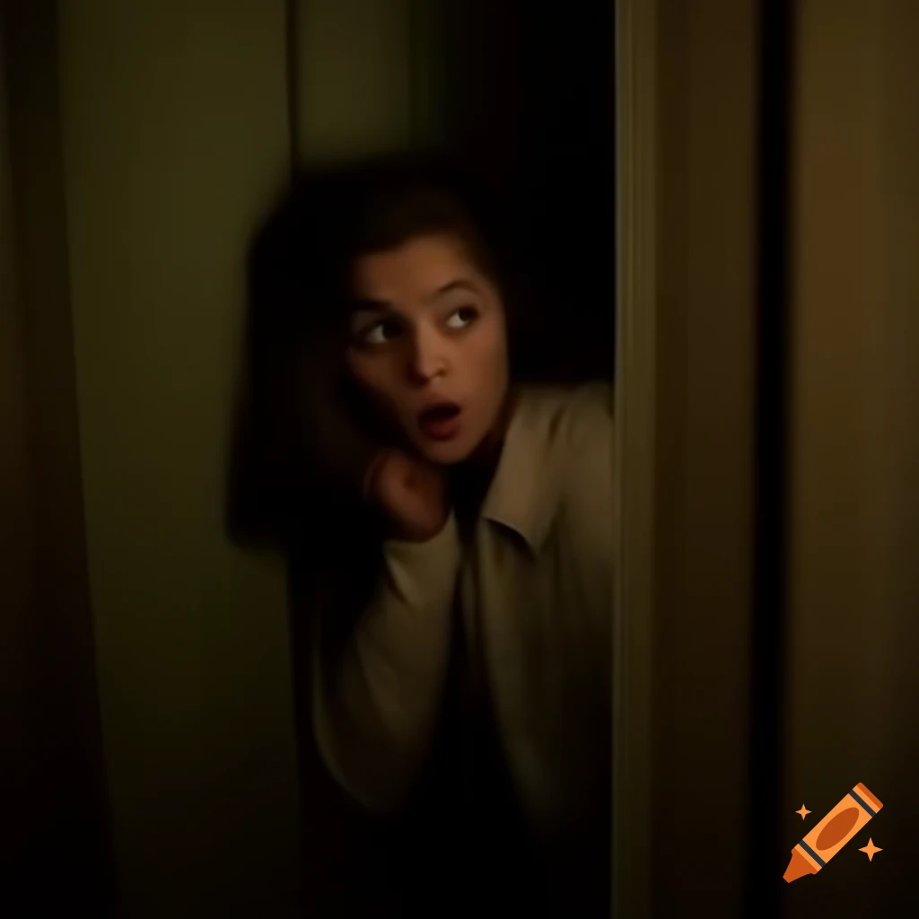 Scared young woman hiding in corner of a dimly lit room on Craiyon