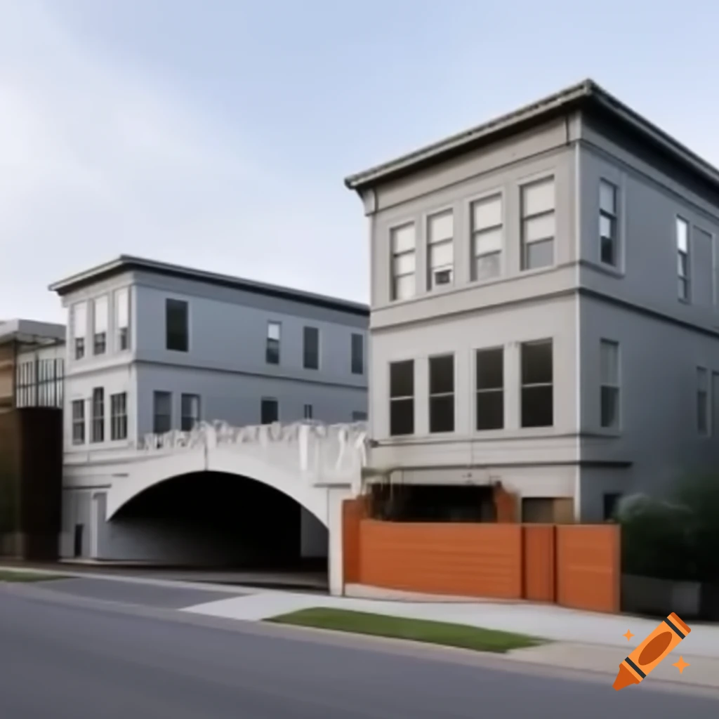 Bridge connecting old-style apartment buildings in suburban area on Craiyon