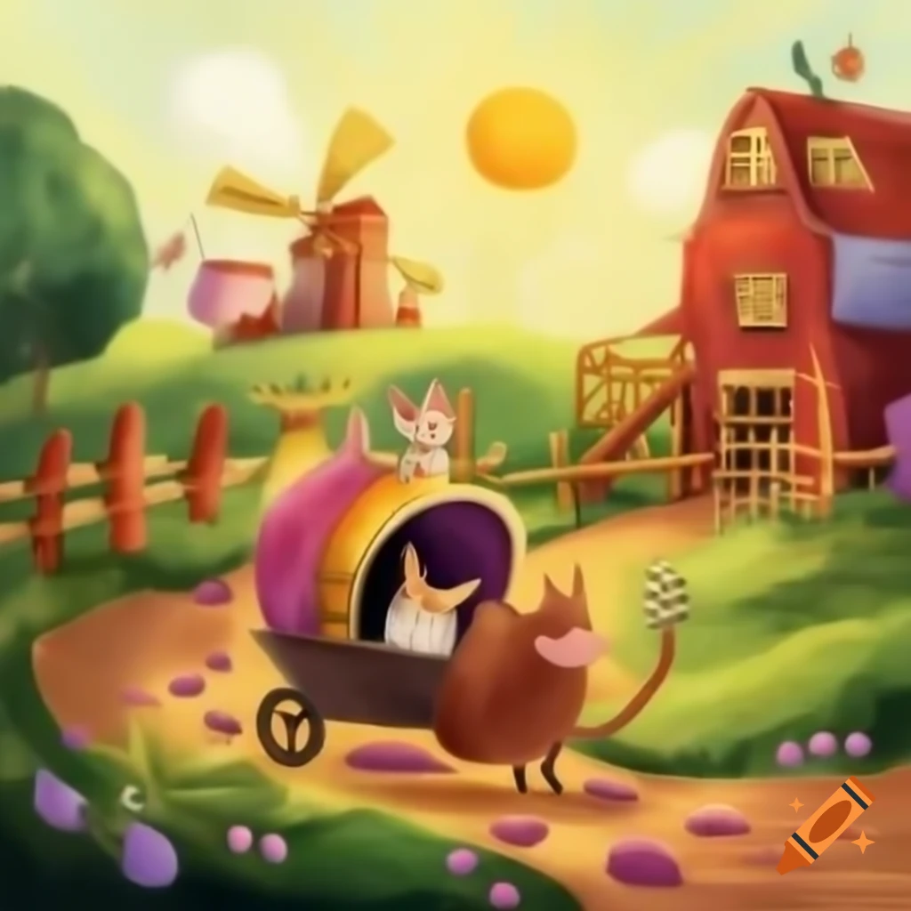 Fairy tale scene of mouse pulling cat in cart on a sunny spring day on ...