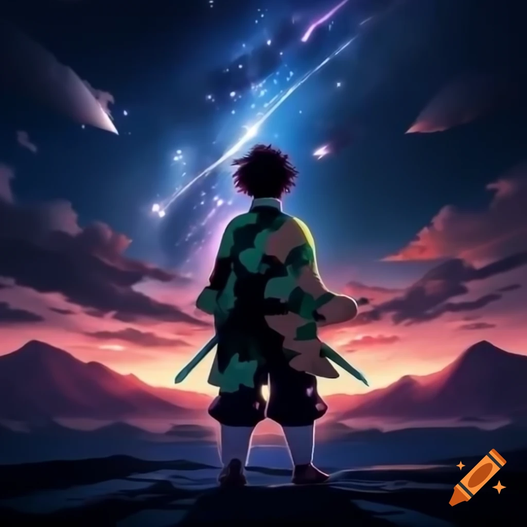 Tanjiro from Demon Hunter facing meteor apocalypse on Craiyon