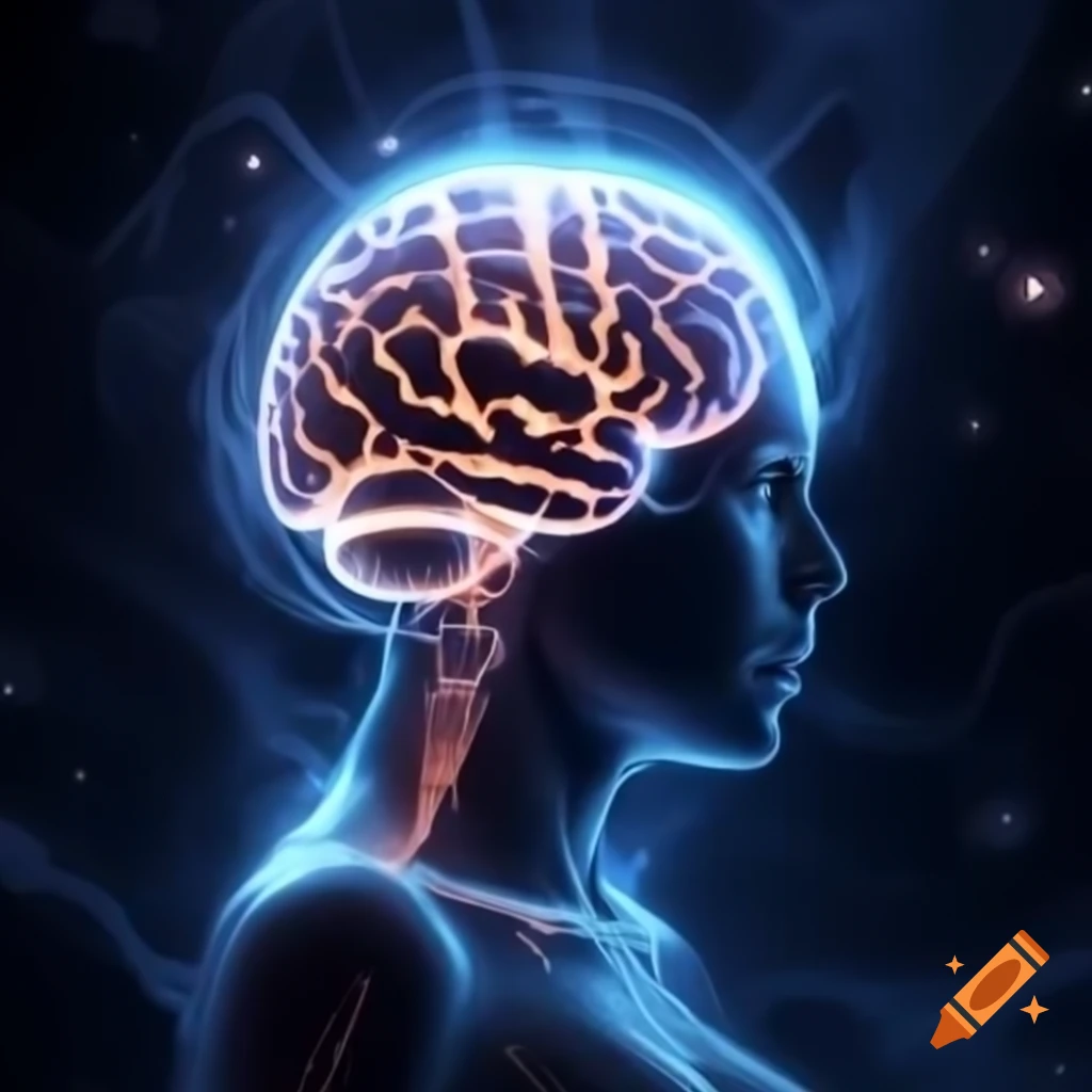 Glowing illustration of human brain floating in space with energy lines ...
