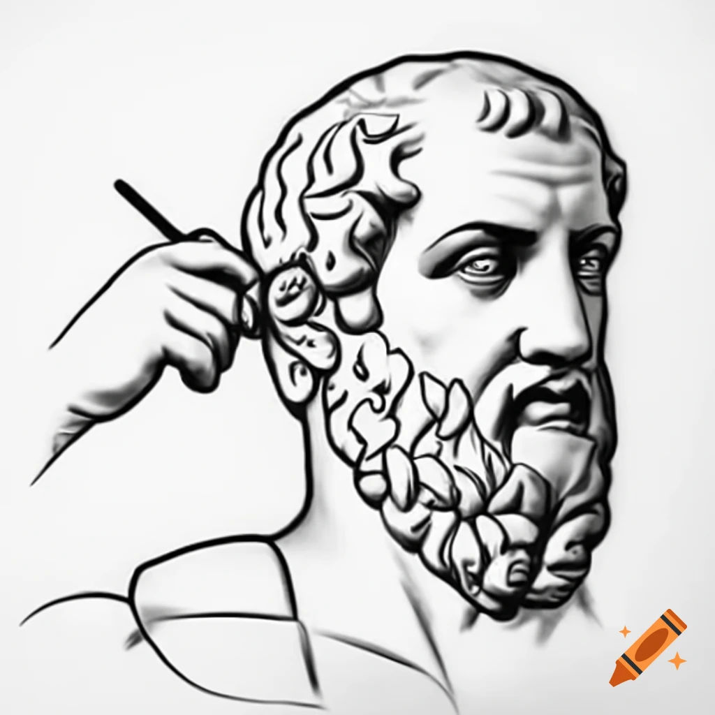 Black and white ink drawing of Pythagoras pointing on Craiyon