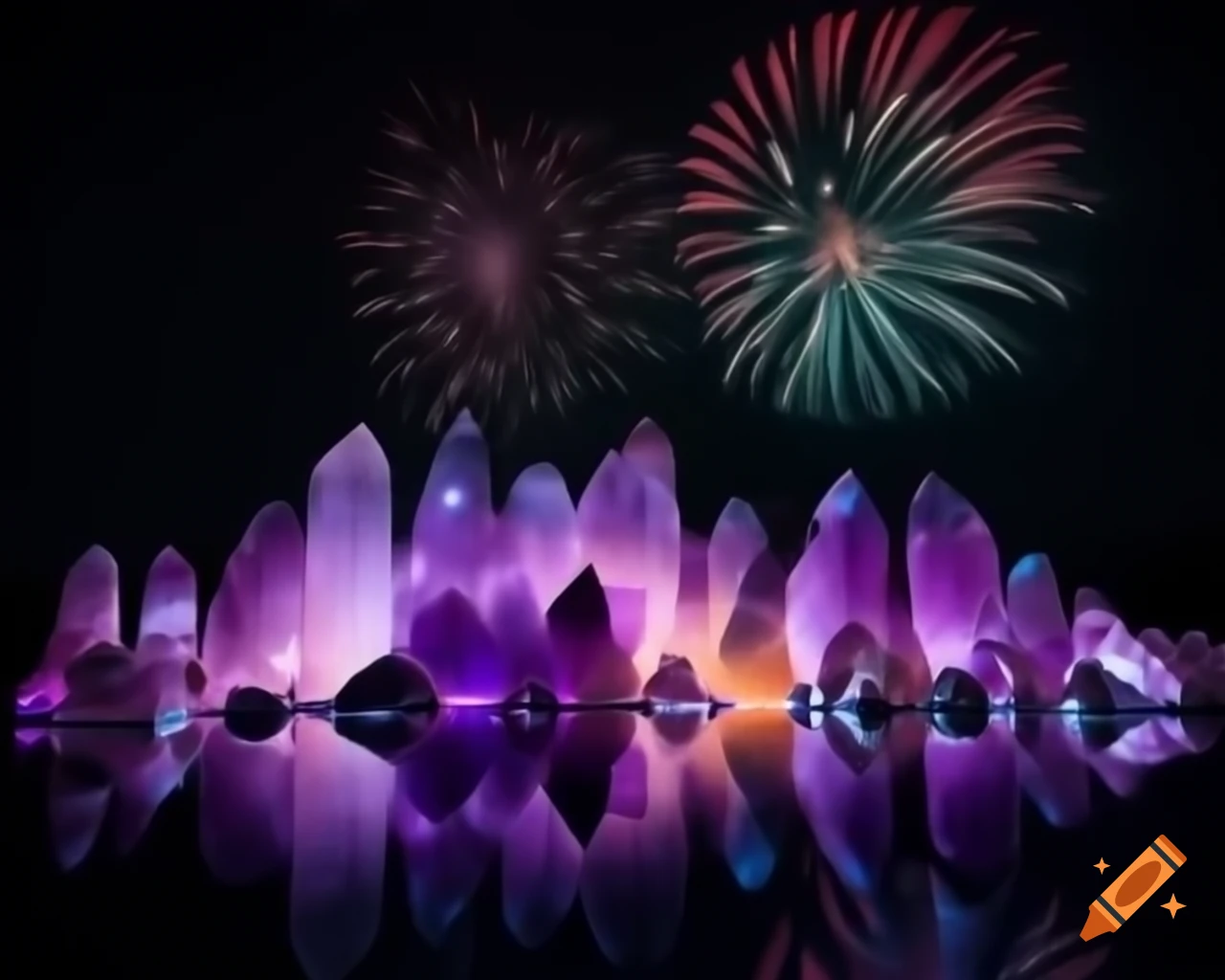 Bright glowing crystals against starry sky and colorful fireworks on ...