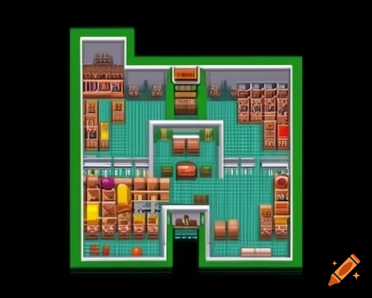 2D pixel art plan of a pharmacy with retail and back-office areas on ...