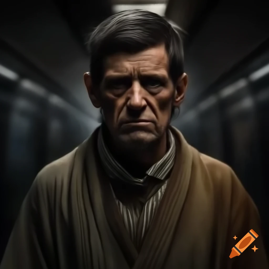 Realistic portrait of a man in tattered robes in dark metro station on ...