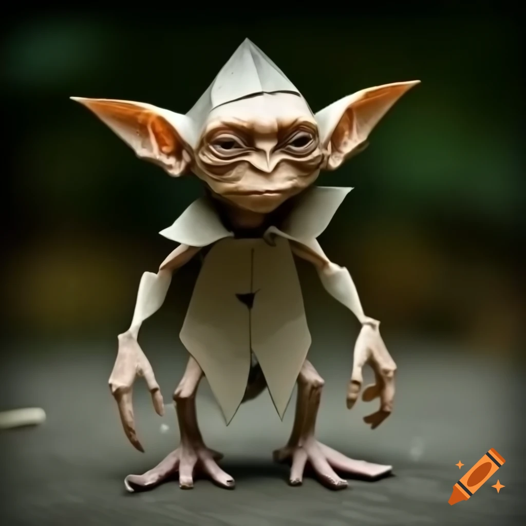 Paper goblin figure made of origami, four feet tall, with patched and ...