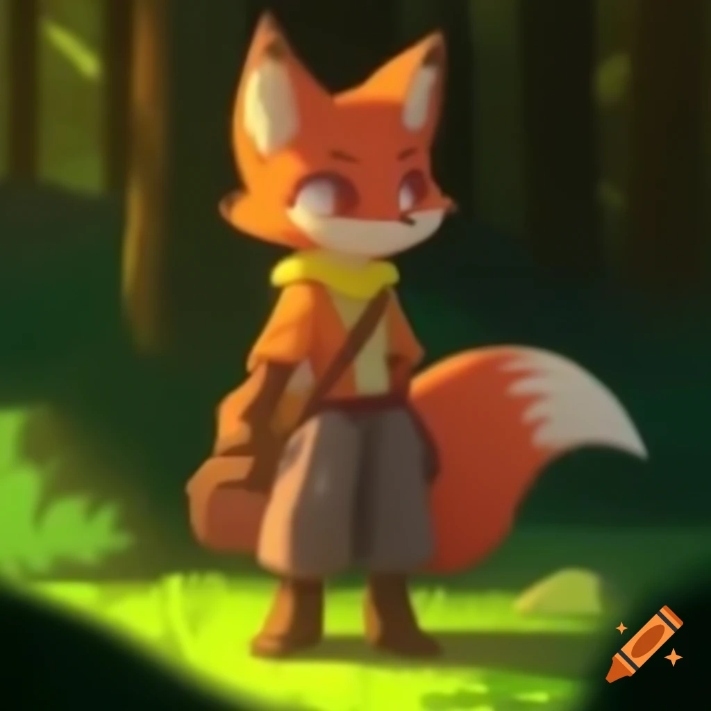 Anthropomorphic fox girl in forest, serious expression, cartoon and ...
