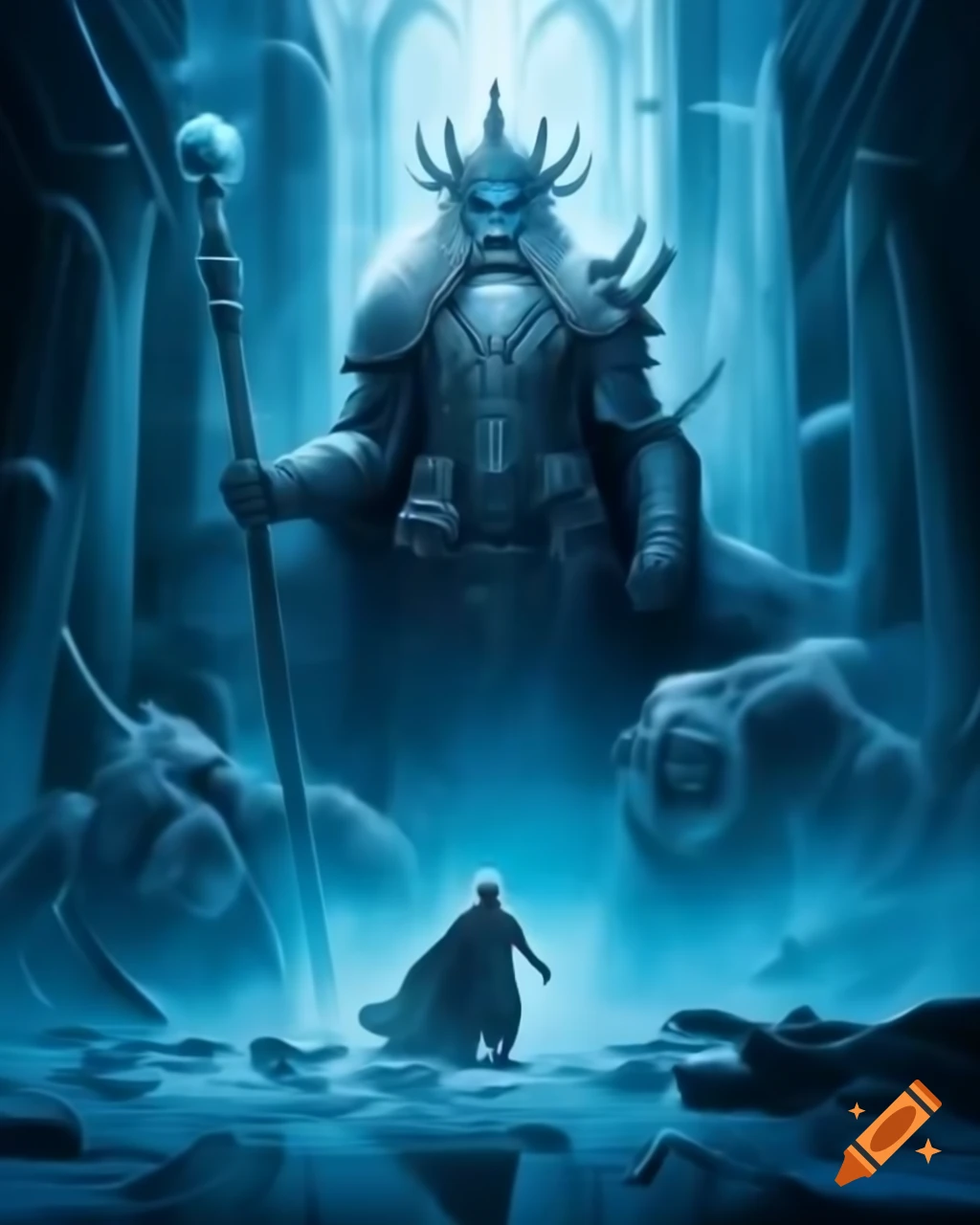 Hyperrealistic fantasy scene of armored king and queen exiting icy ...