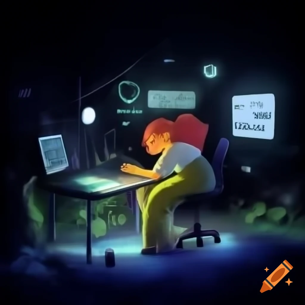 Animated woman with light brown skin programming on computer with music ...