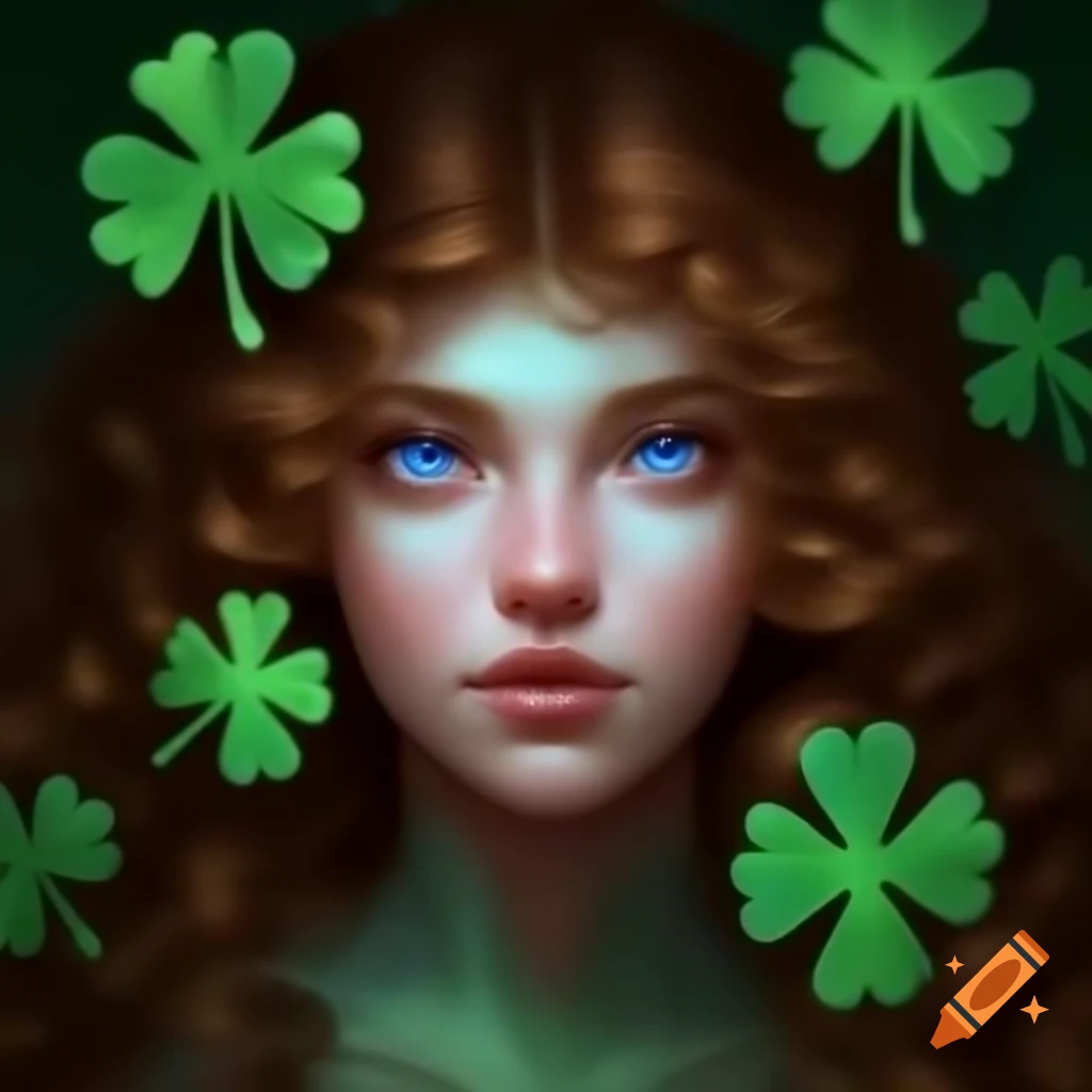 Celtic lady with curly brown hair and blue eyes among shamrocks in ...
