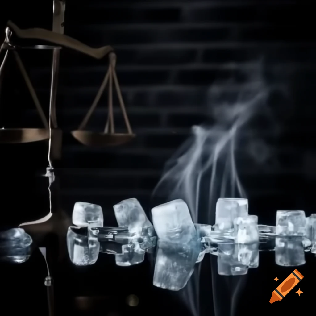 Dark brick background with ice cubes and smoky vapor, decorative scales ...