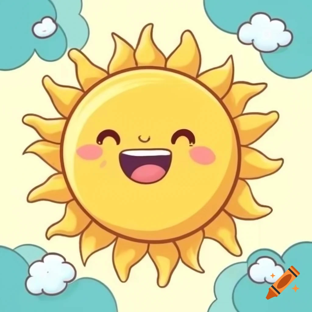 Cartoonish sun illustration with a cheerful face on Craiyon