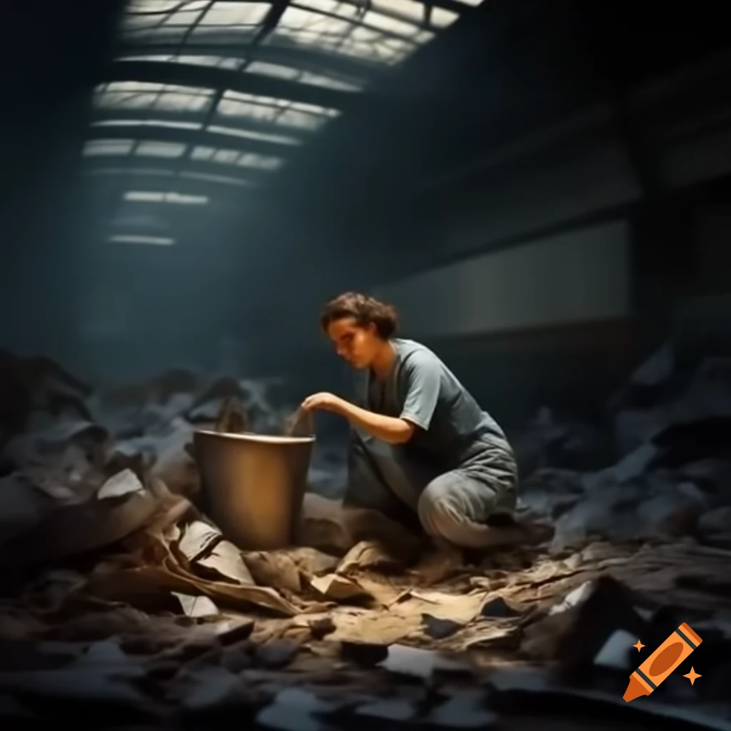 Spritely woman in coveralls rummaging through metal scraps in abandoned ...