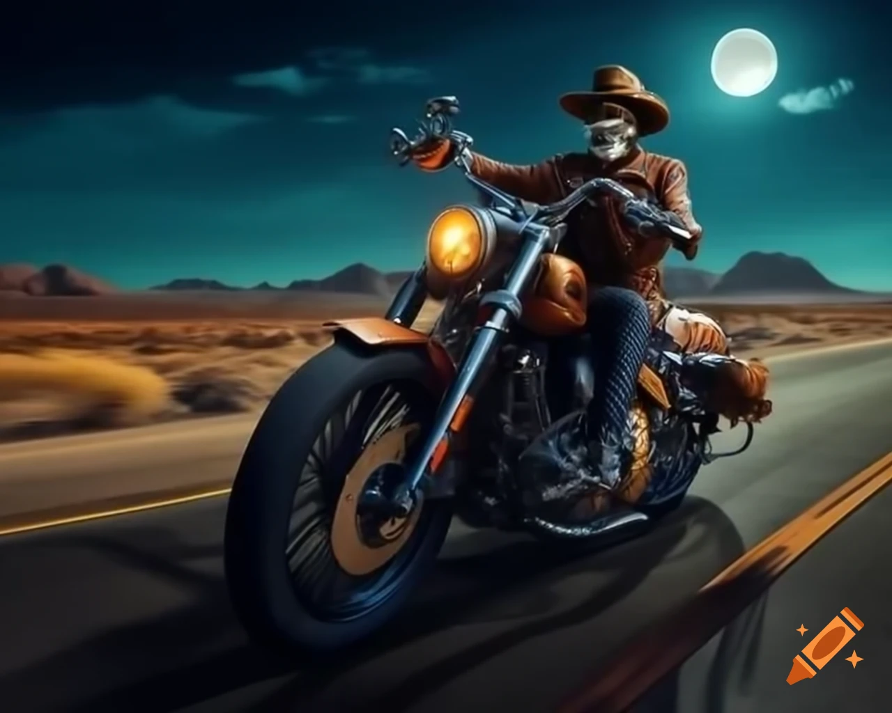 Skeleton in leather jacket riding Harley Davidson motorcycle on desert ...