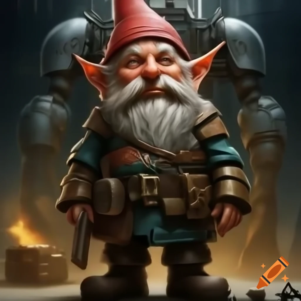 Middle-aged gnome in steampunk gear with giant half man, half dog robot ...