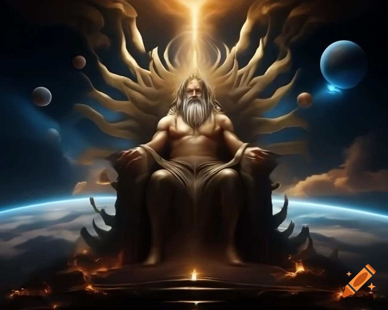 Hyper-realistic illustration of majestic deity on celestial throne in ...