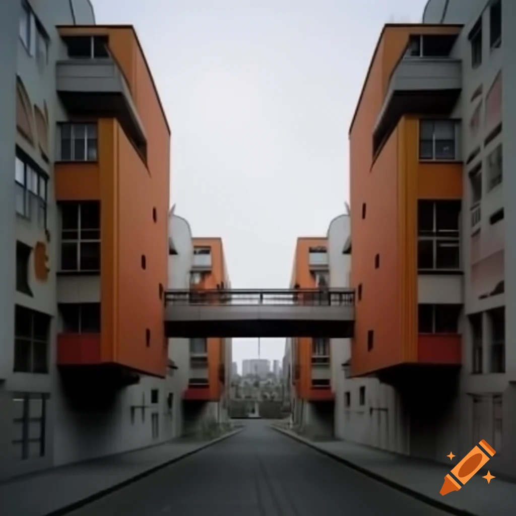 Bridge connecting twin three-storey apartment buildings in colorful ...