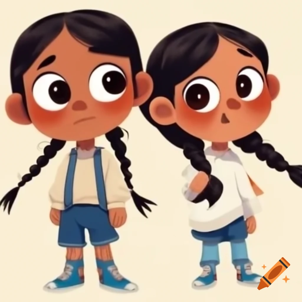 Native American children in blue jean overalls with long black braids ...