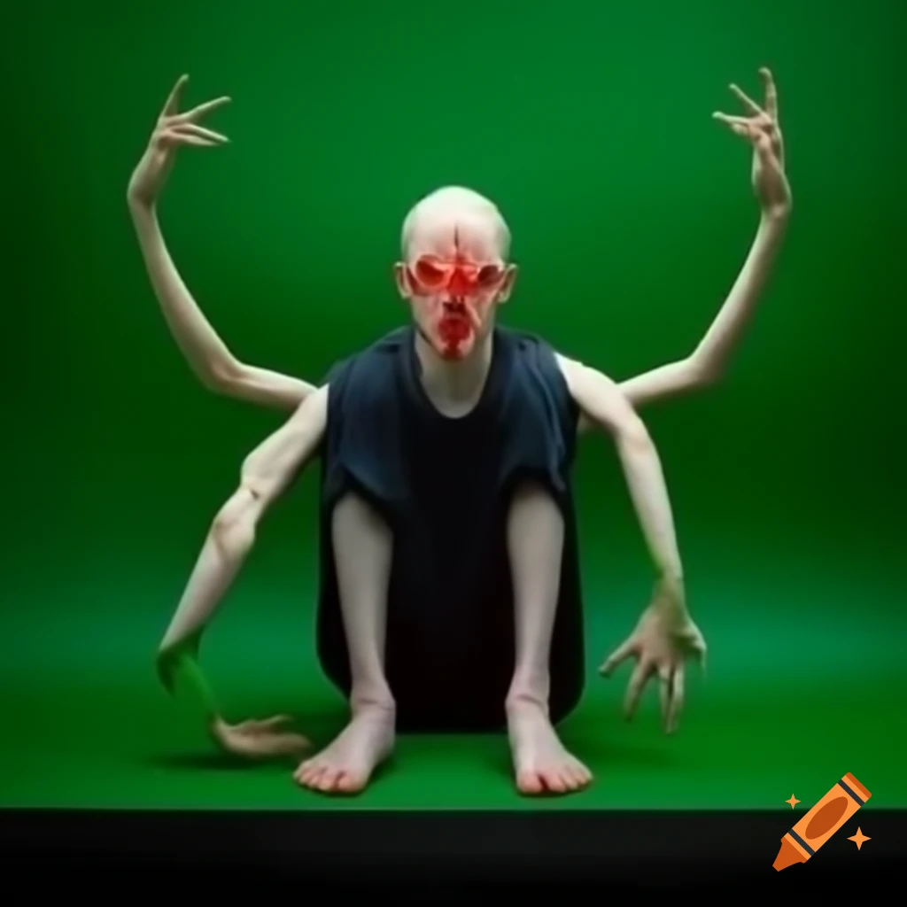 Character with muscular arms, short legs, and unusual features on green ...
