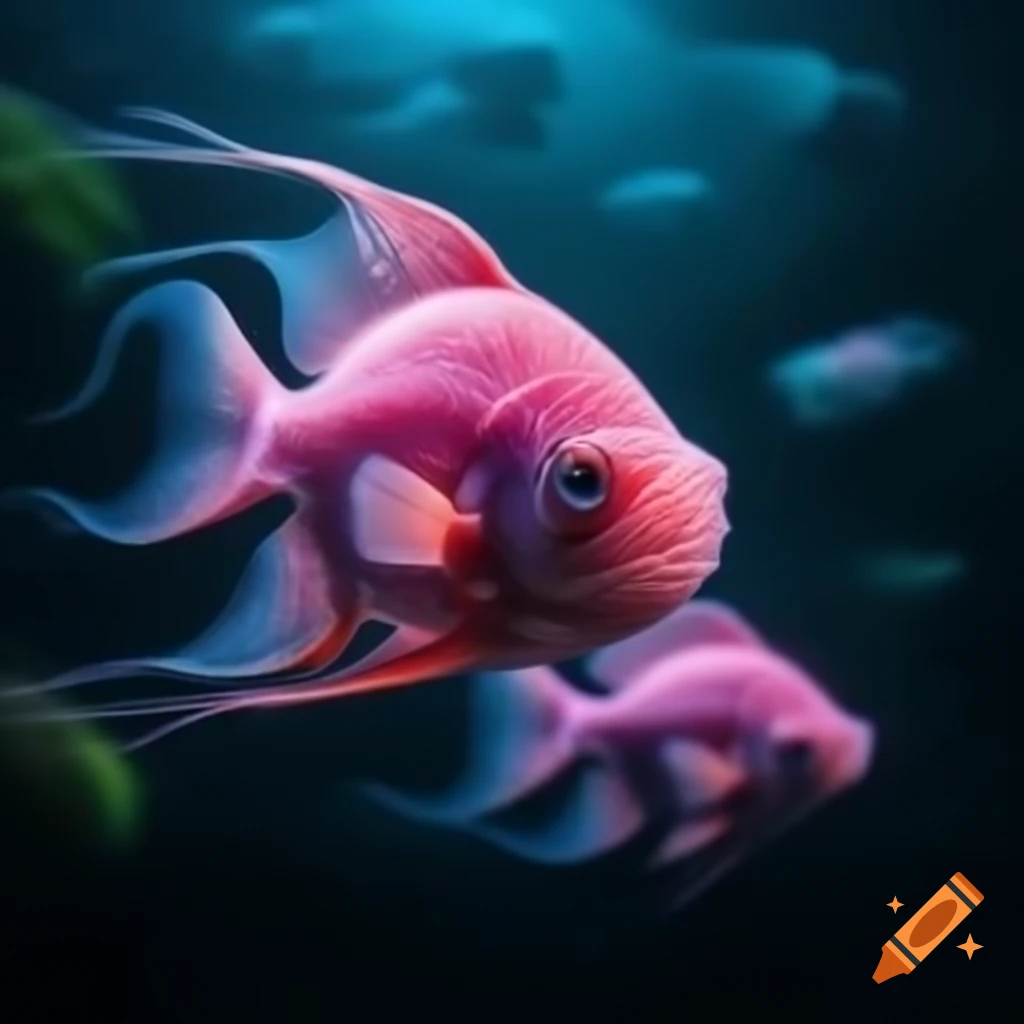 Translucent pink fishes with light leaks and shallow depth of field in ...
