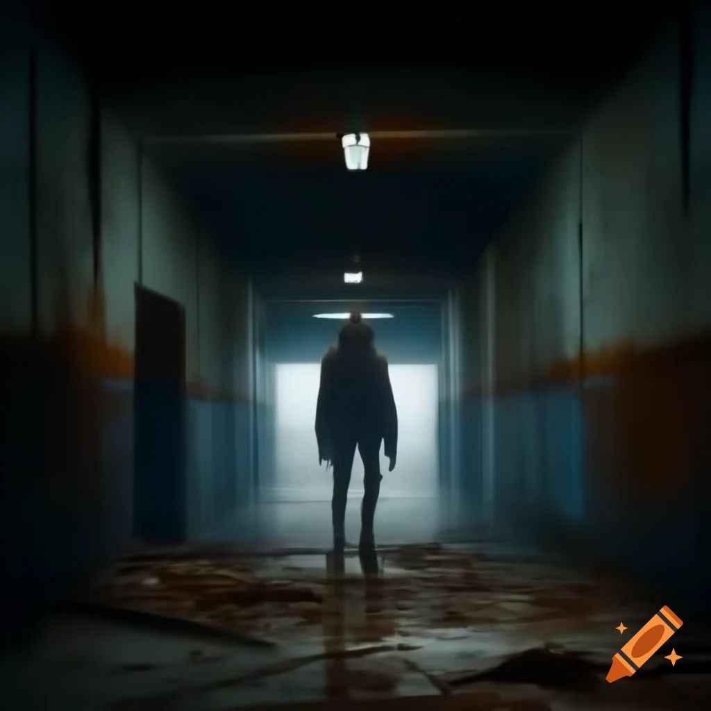 Liminal humanoid creature in dark rusty hallway with dim fluorescent ...