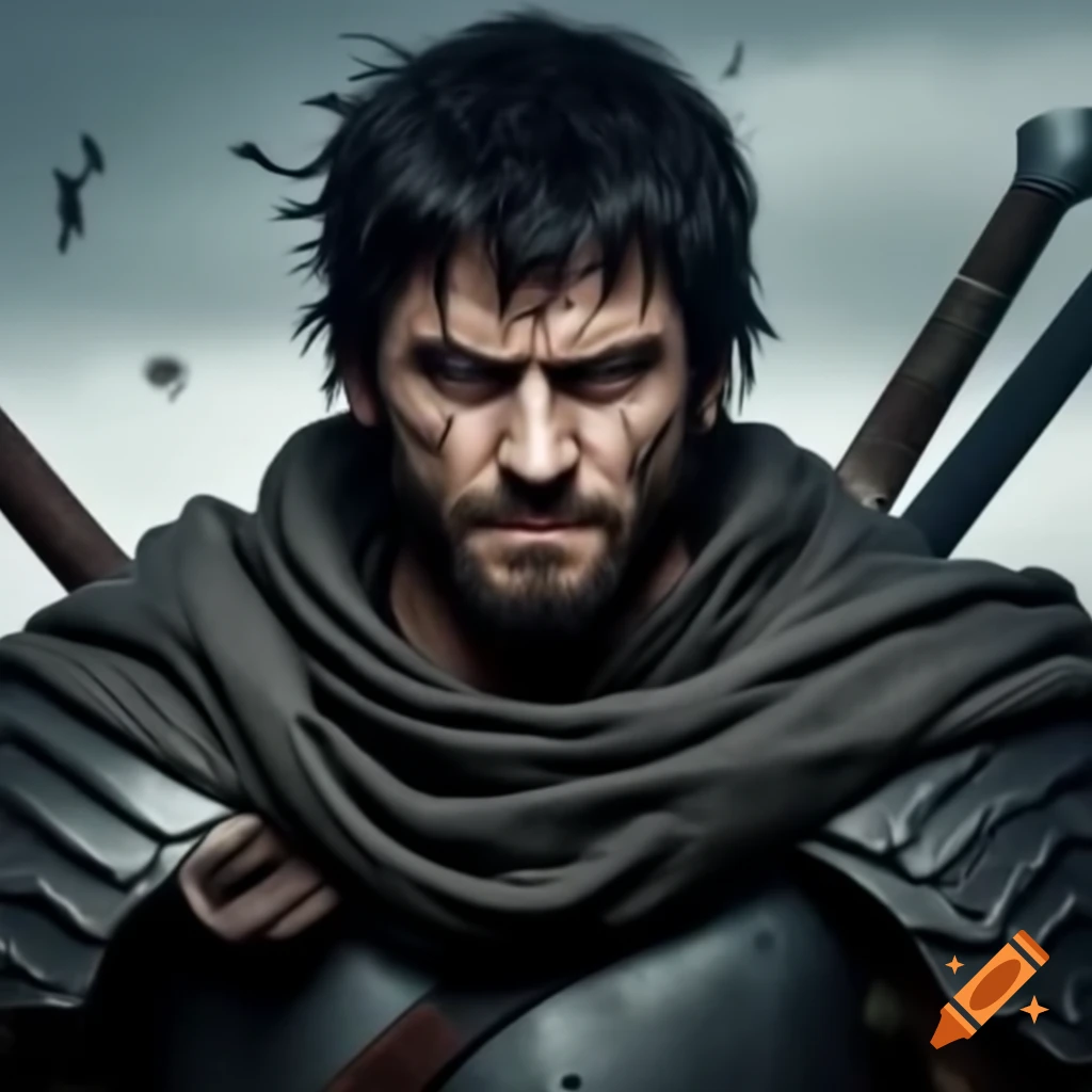 Young man in battle with scars and unkempt brown hair on Craiyon