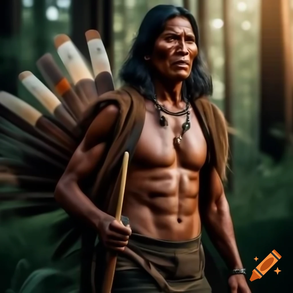 Athletic Indigenous man in dense forest, showcasing sun-kissed skin and ...